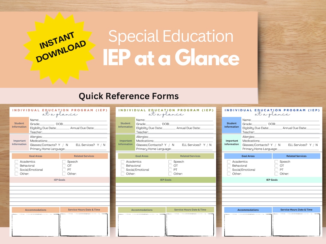 IEP at a Glance Form, Special Education IEP Quick Reference Form, IEP ...