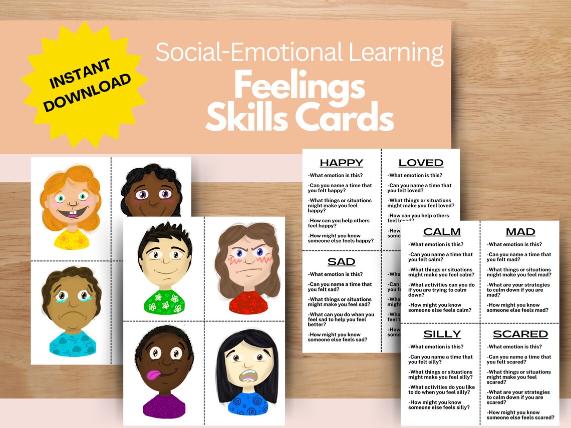 Feelings Skill Flashcards, Emotion Identification for Kids, Social ...