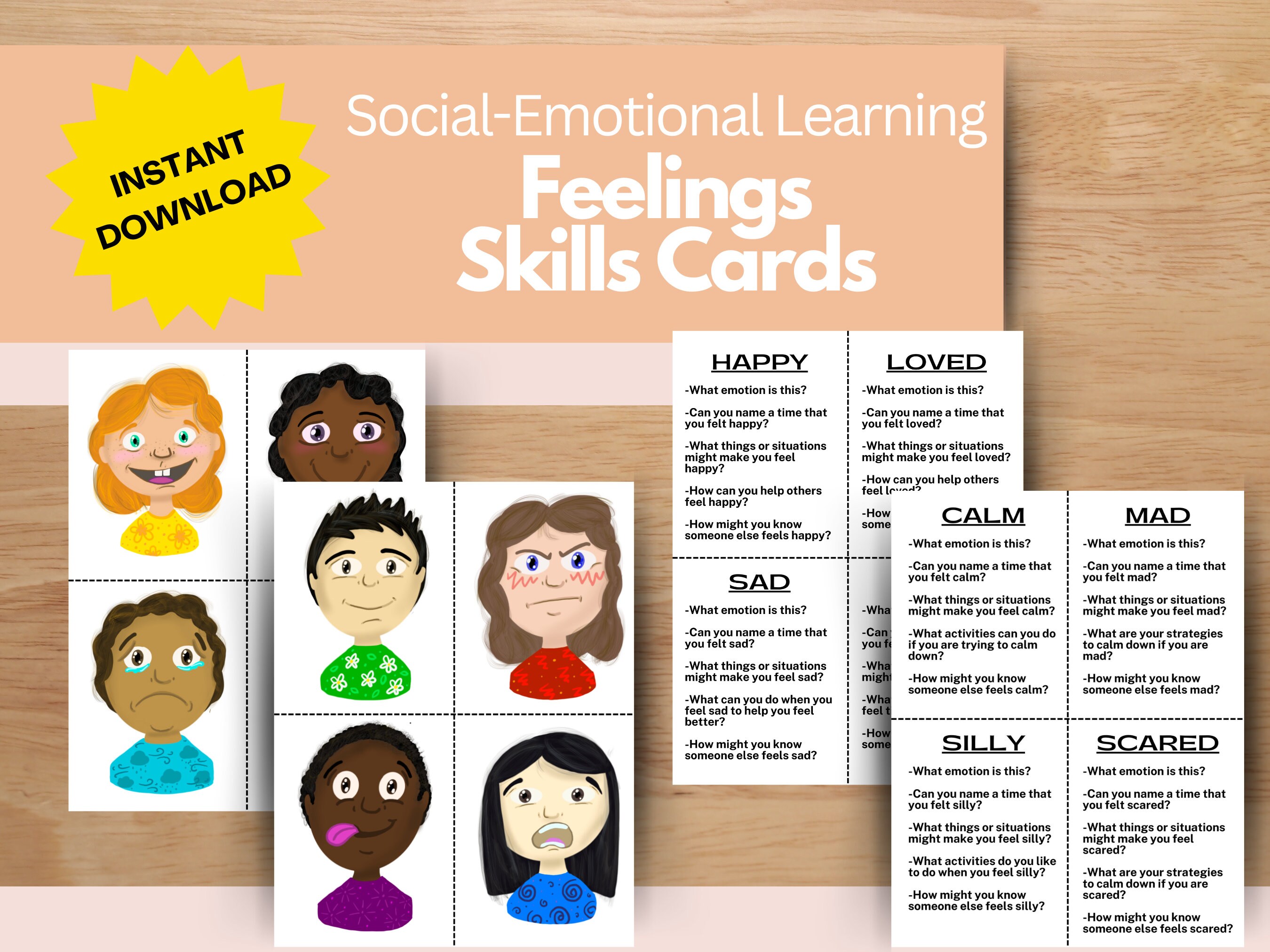 Feelings Skill Flashcards, Emotion Identification for Kids, Social ...