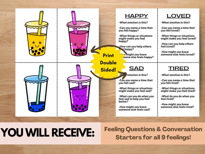 Bubble Tea Themed Feelings Skill Cards, Emotions Flashcards, Social ...