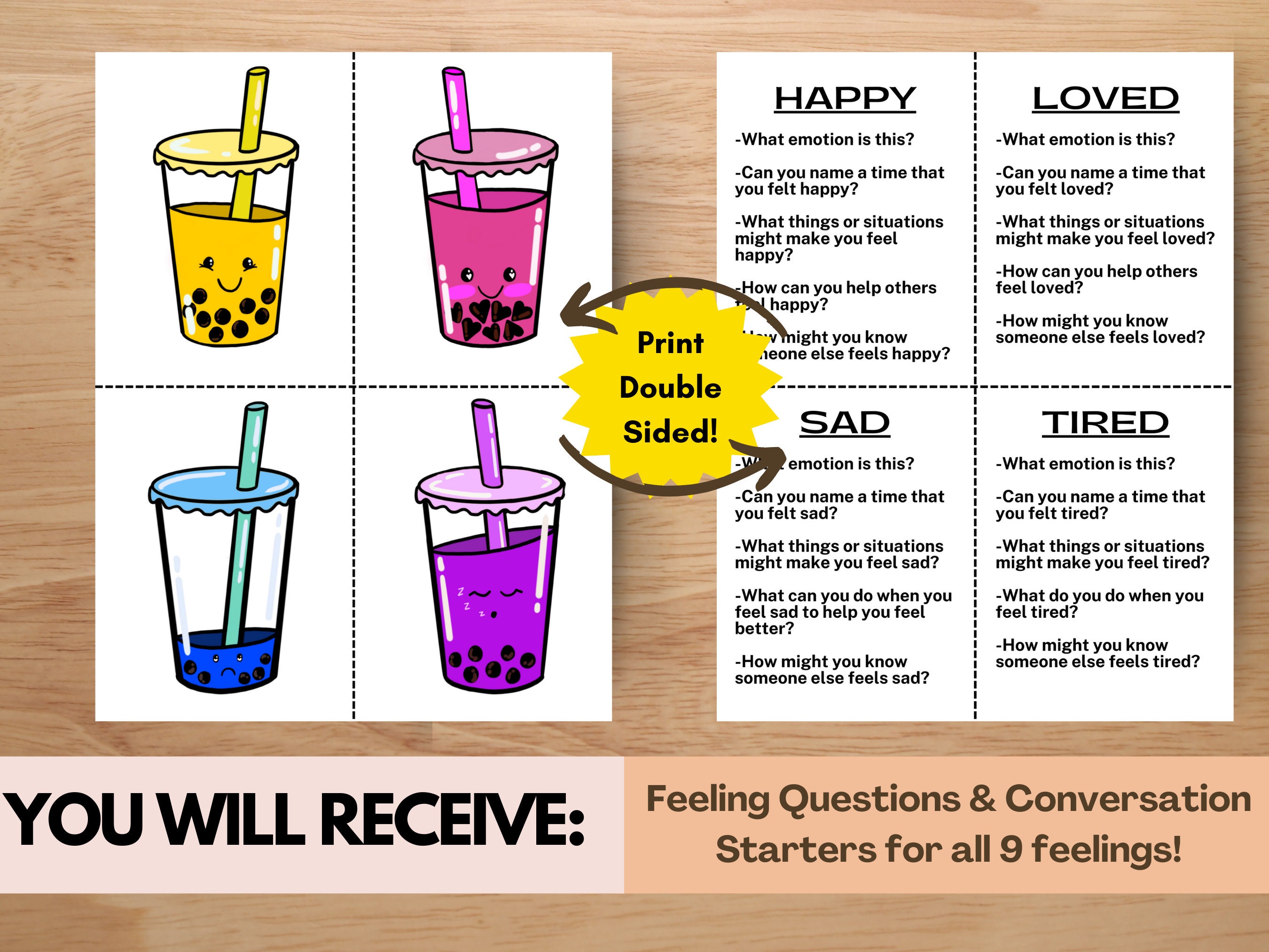 Bubble Tea Themed Feelings Skill Cards, Emotions Flashcards, Social ...