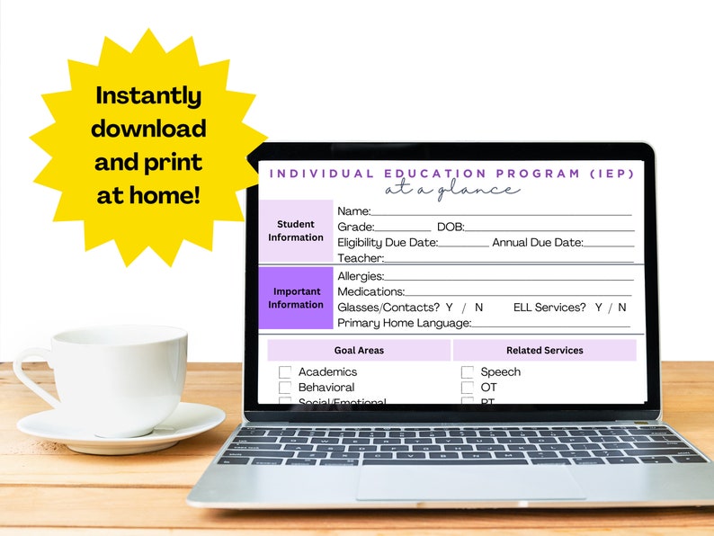 IEP at a Glance Form, Special Education IEP Quick Reference Form, IEP ...