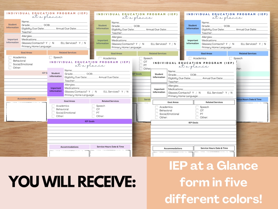 IEP at a Glance Form, Special Education IEP Quick Reference Form, IEP ...