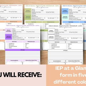 IEP at a Glance Form, Special Education IEP Quick Reference Form, IEP ...