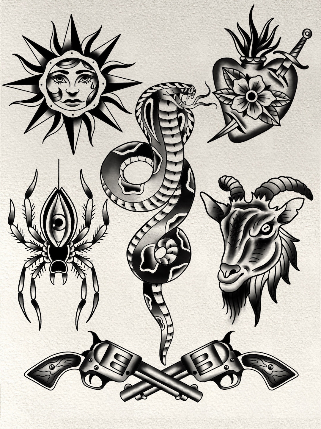 American Traditional Tattoo Flash - Digital Ready to Print (A4 Size) - Etsy