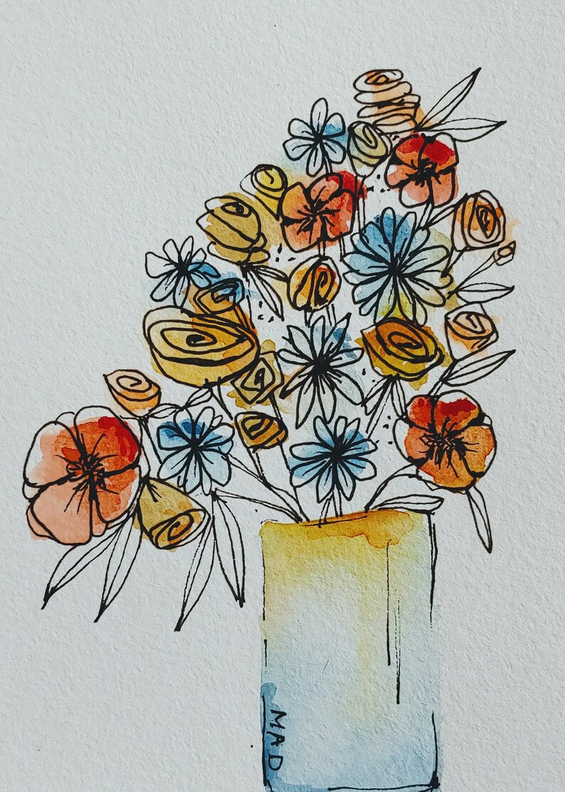 Blue Flower Bouquet Card | Any Occasion Blank Card - Etsy