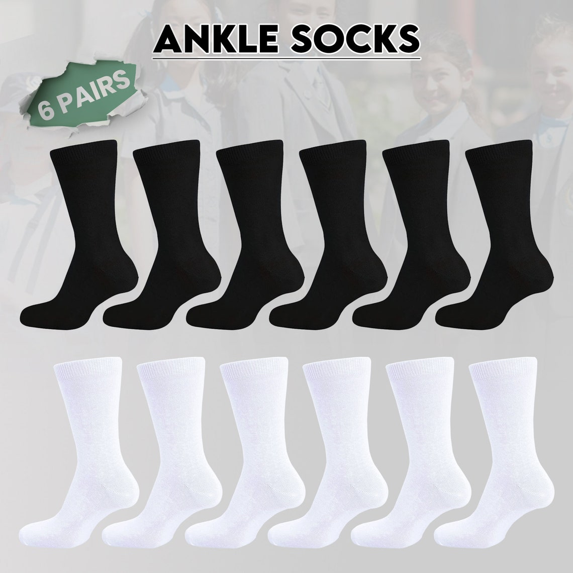 6 Pairs Kids Boys Girls Back to School Cotton Rich Plain Ankle Socks ...