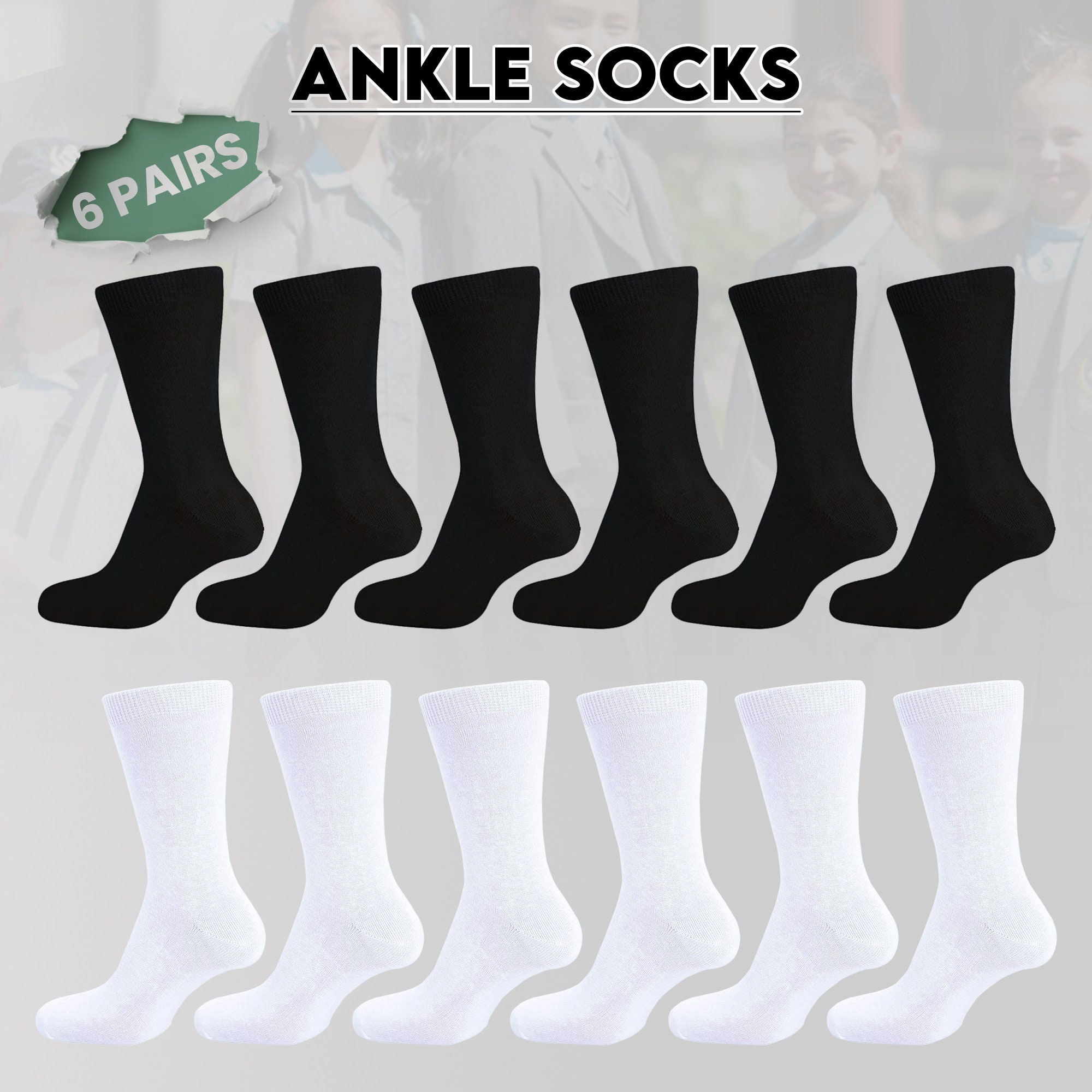 6 Pairs Kids Boys Girls Back to School Cotton Rich Plain Ankle Socks ...