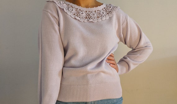 80s "Jessica" Pastel Sweater with Crochet Floral Neck… - Gem