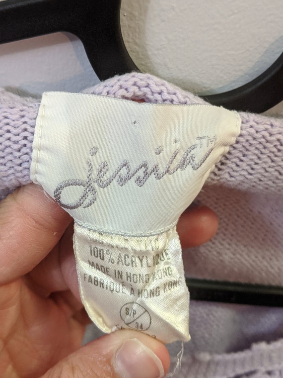 80s "Jessica" Pastel Sweater with Crochet Floral Neck… - Gem