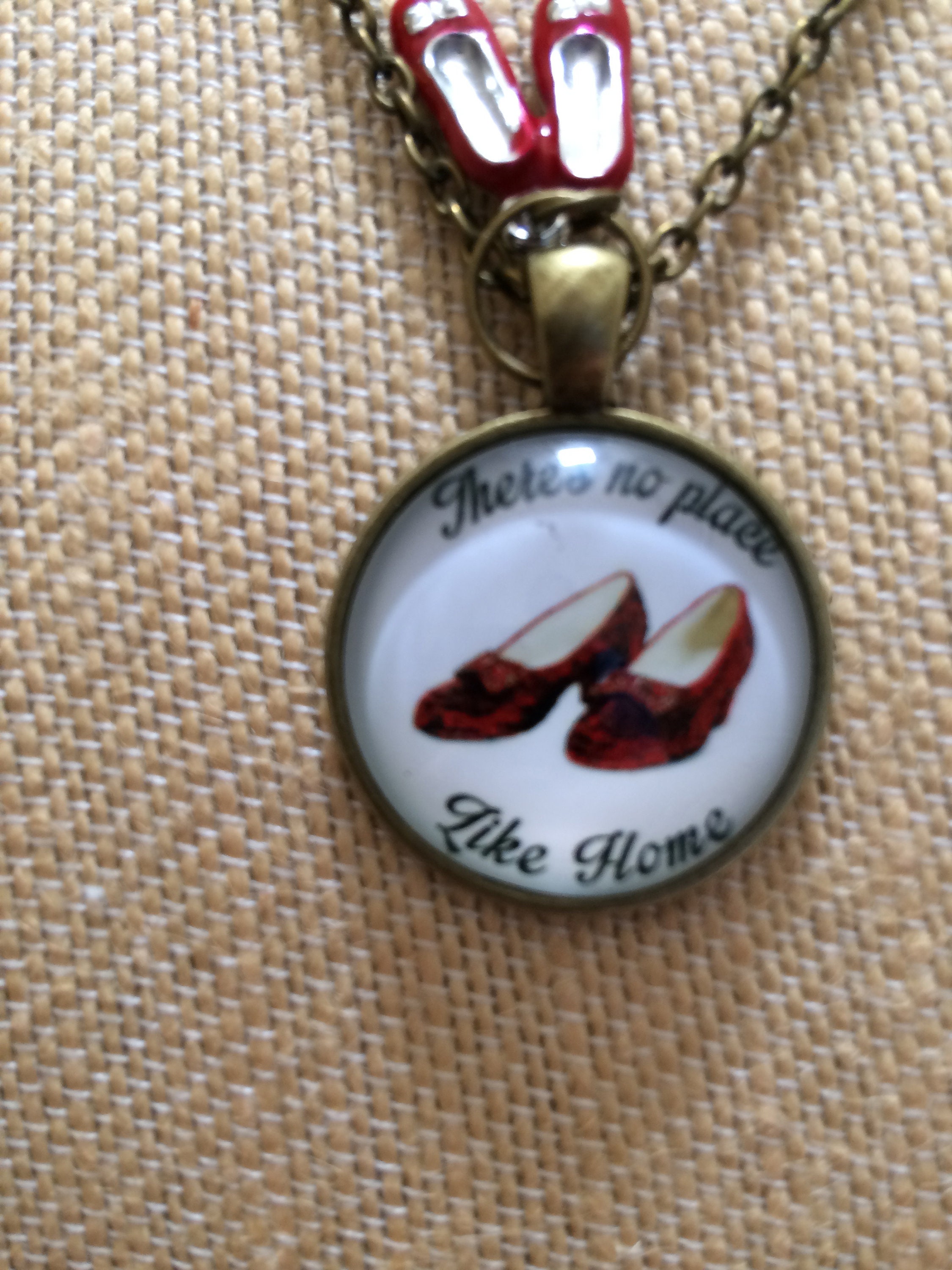 Wizard of Oz Ruby Slippers Necklace, Antique Gold Metal, "there's No ...