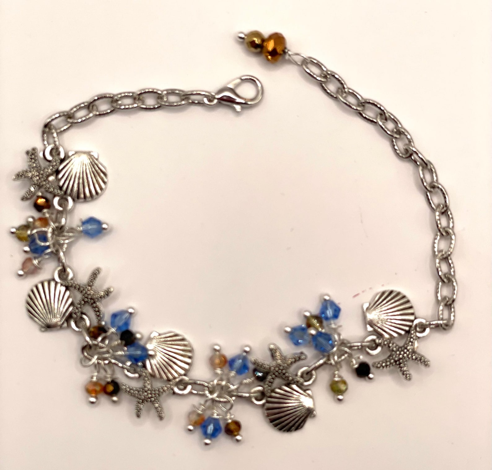 Ocean Theme Bracelet With Crystals Starfish Shell Adjustable Silver ...