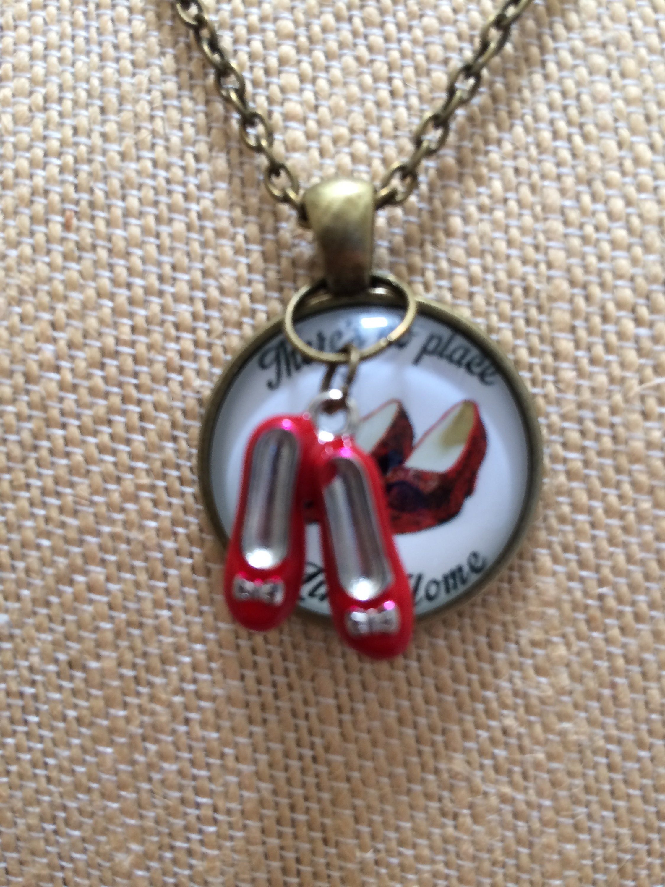 Wizard of Oz Ruby Slippers Necklace, Antique Gold Metal, "there's No ...