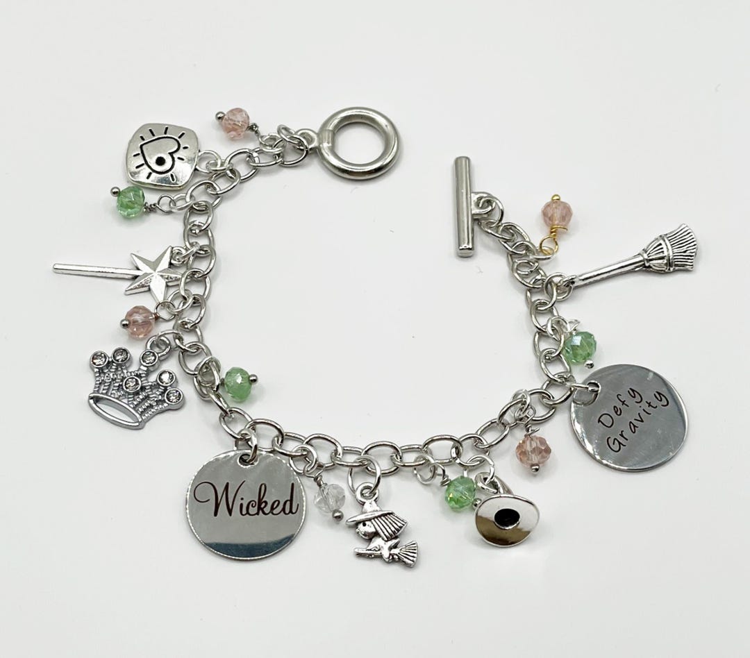 Wicked Charm Bracelet: Witch, Crown, Wand, Pink & Green Crystals - Etsy