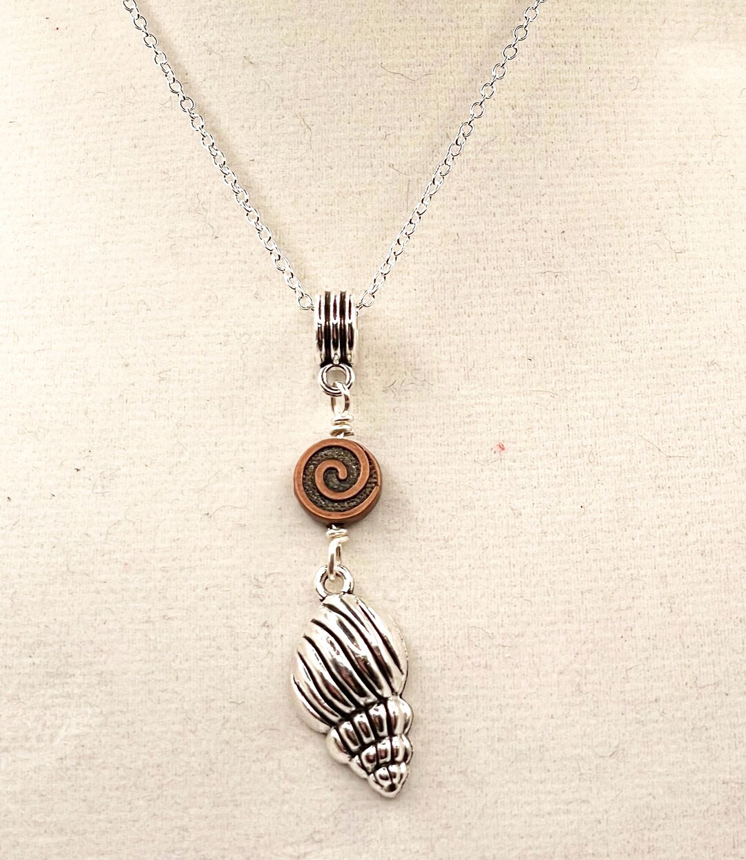Conch Shell and Swirl Bead Necklace Mixed Metals Beach Themed Jewelry ...