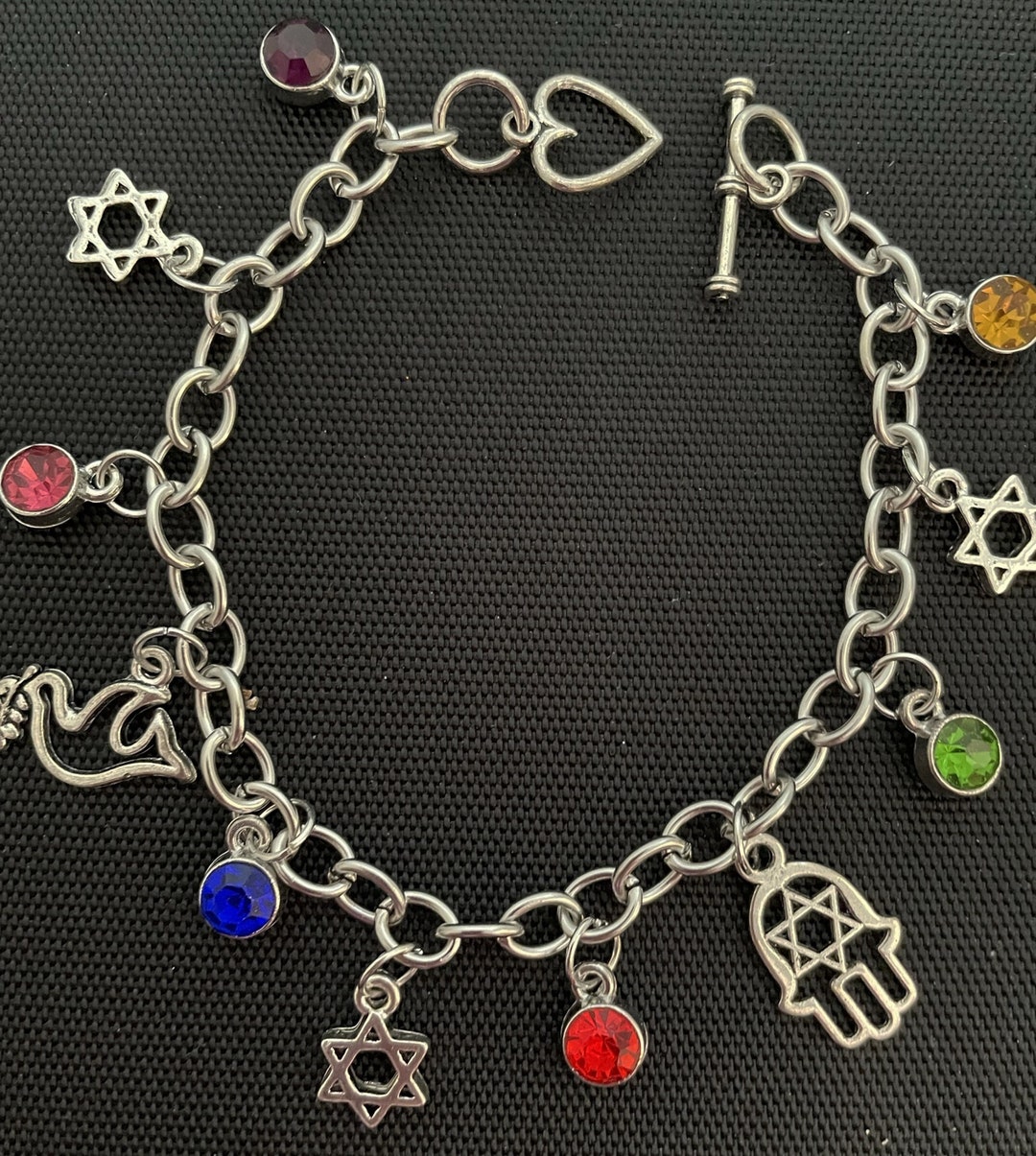 Jewish Charm Bracelet With Rainbow Crystals Hamsa Star of David Peace ...