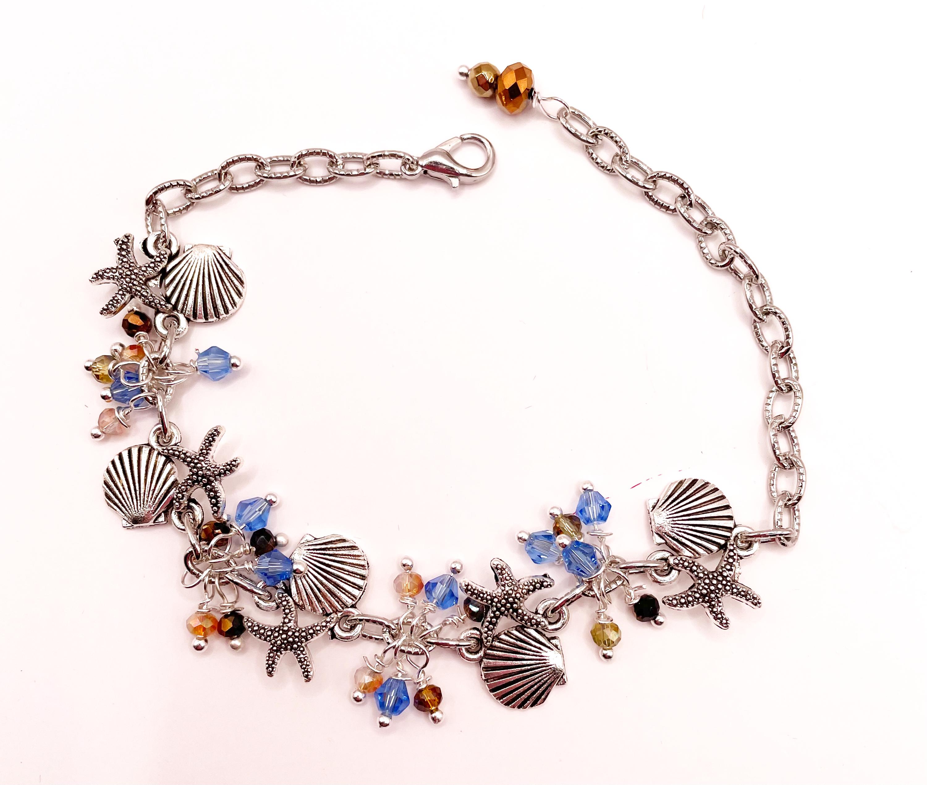 Ocean Theme Bracelet With Crystals Starfish Shell Adjustable Silver ...