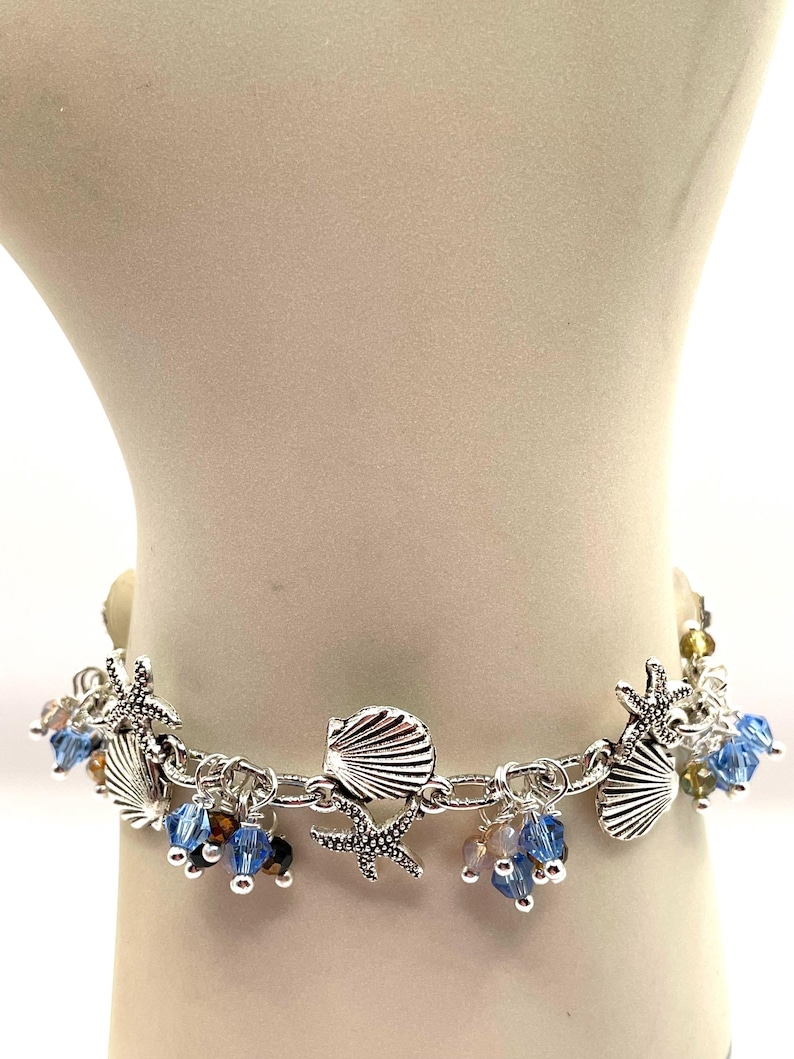Ocean Theme Bracelet With Crystals Starfish Shell Adjustable Silver ...