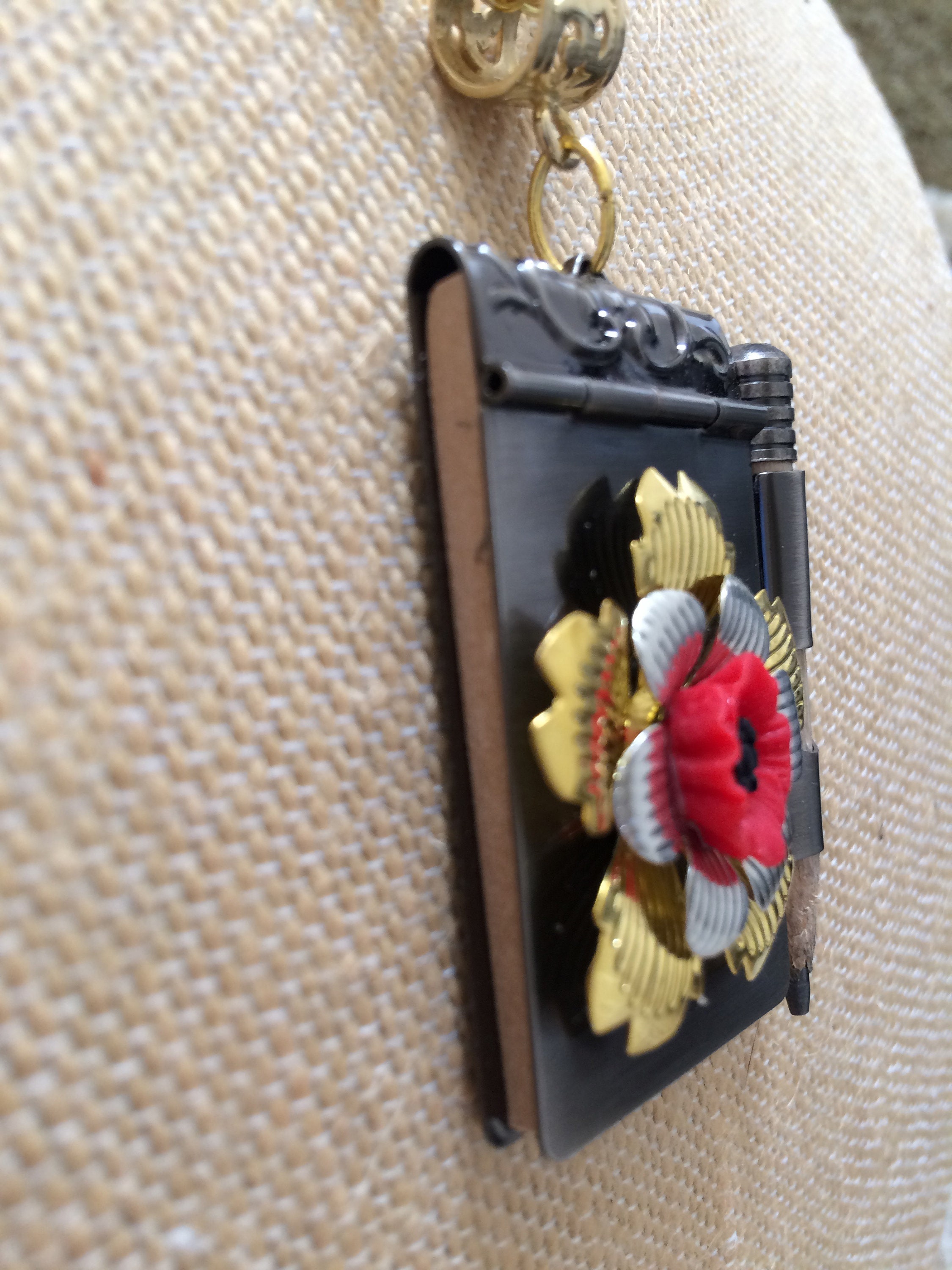 Notebook Necklace With Mixed Metals and Red Poppy, Gold & Silver, Opens ...