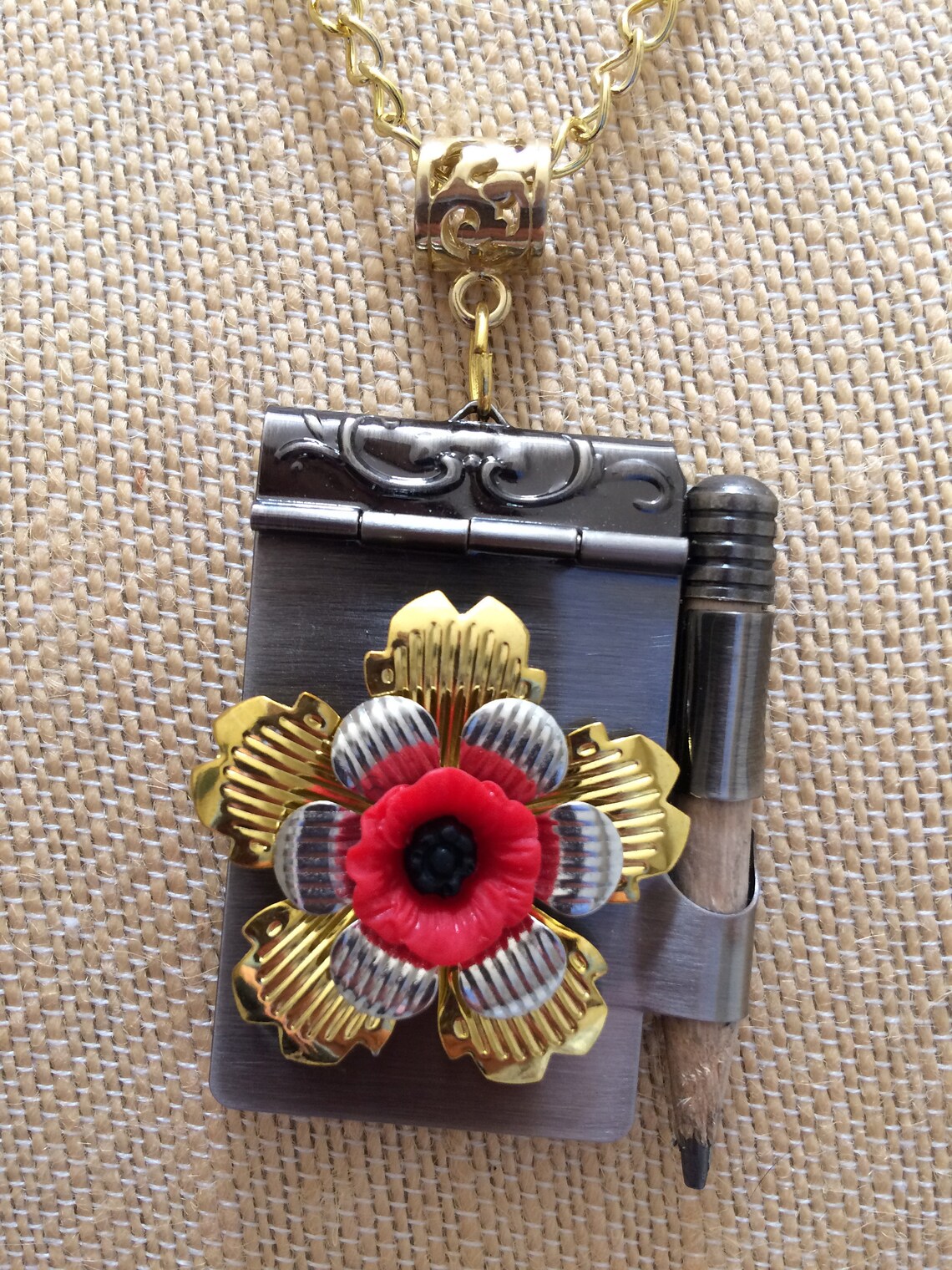 Notebook Necklace With Mixed Metals and Red Poppy, Gold & Silver, Opens ...