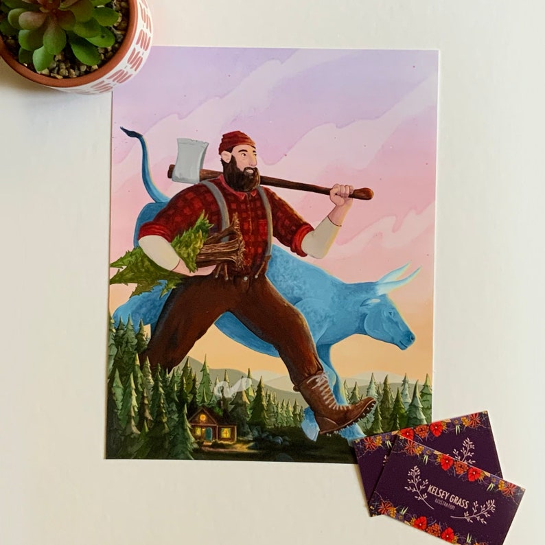 Paul Bunyan and Babe the Blue Ox Illustrated Print - Etsy