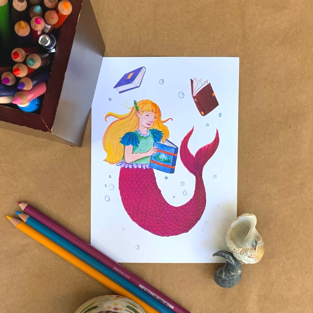 Mermaid Reading Books Illustration - Etsy UK