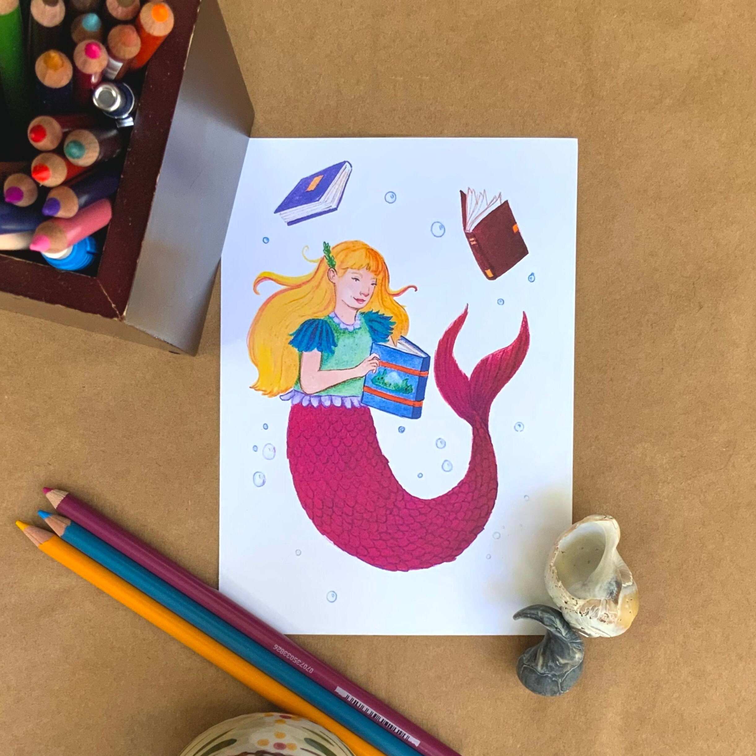 Mermaid Reading Books Illustration - Etsy UK