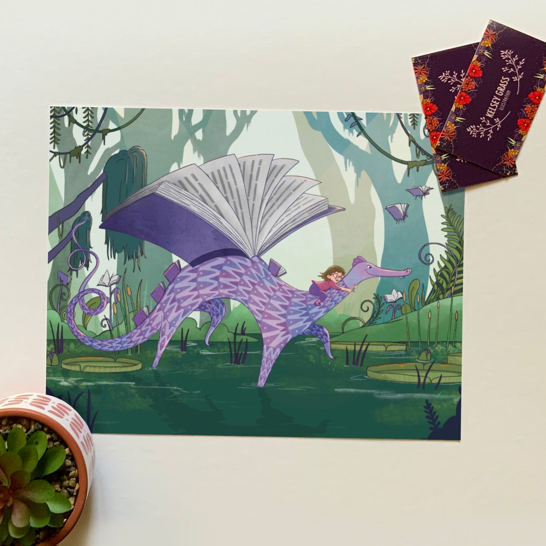 Book Dragon Illustrated Print - Etsy