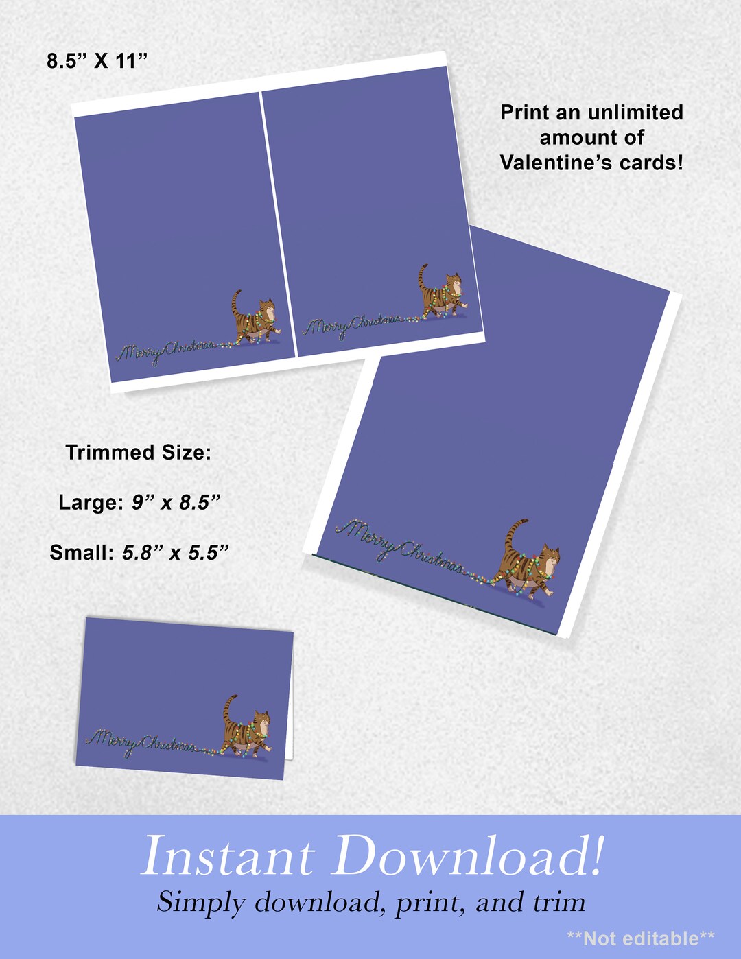 Printable Cat and Christmas Lights Illustrated Holiday Card DIY Digital ...