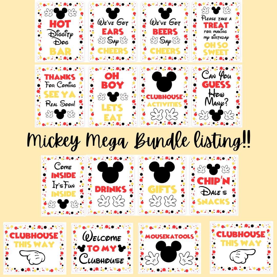 Mickey Mouse Party Signs LARGE Bundle Package/instant DOWNLOAD/16 Party ...