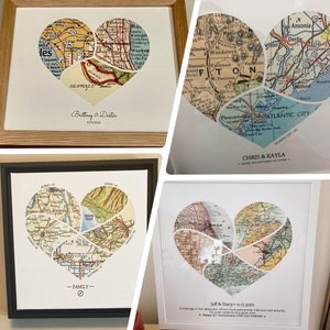 Personalized Heart Map Print: 1-6 Locations, curved Split Style Heart ...