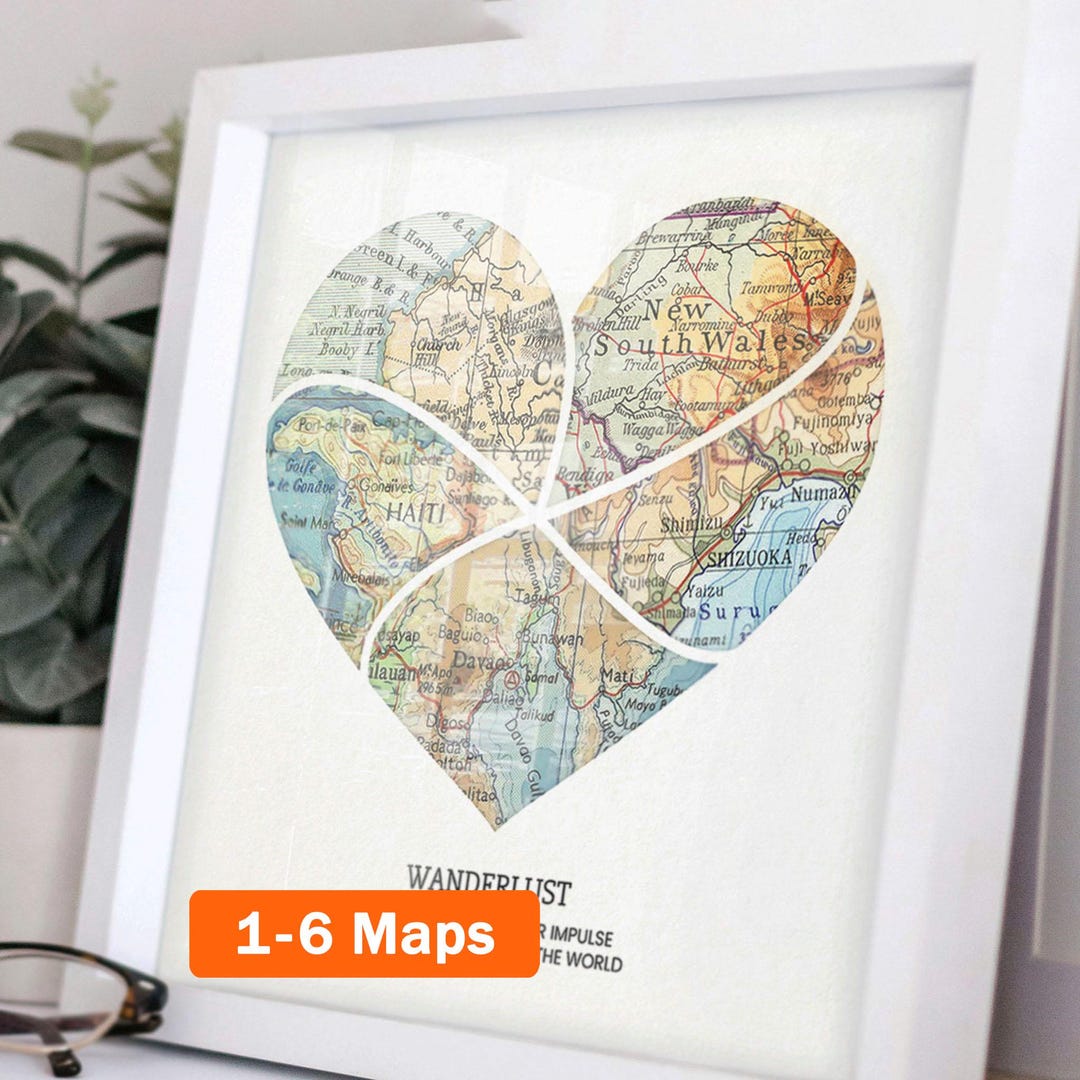 Personalized Heart Map Print: 1-6 Locations, "curved Split" Style Heart ...