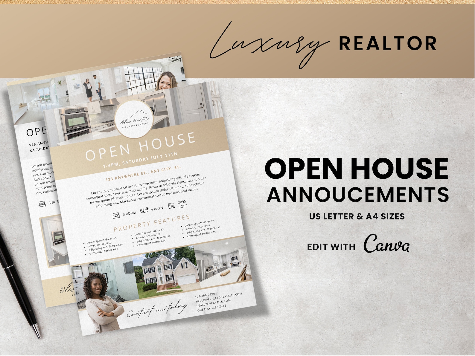 Real Estate Agent Open House Flyer Template | Gold Luxury Realtor ...