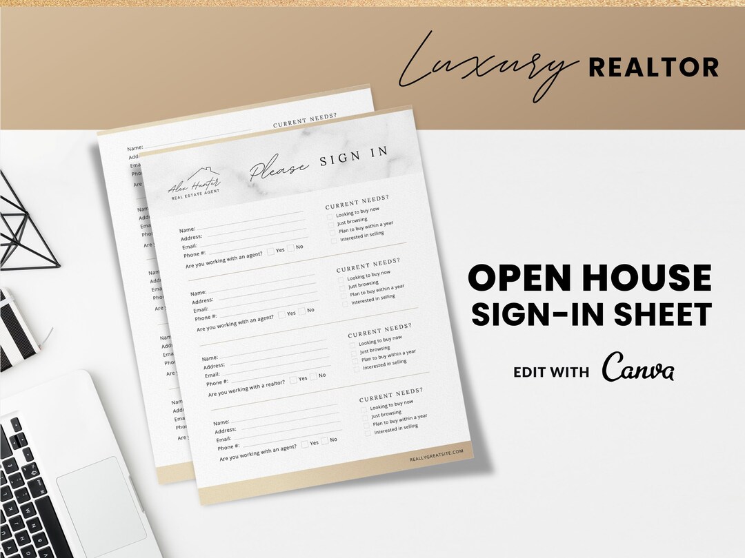 Real Estate Agent Open House Sign-in Sheet | Gold Luxury Realtor ...