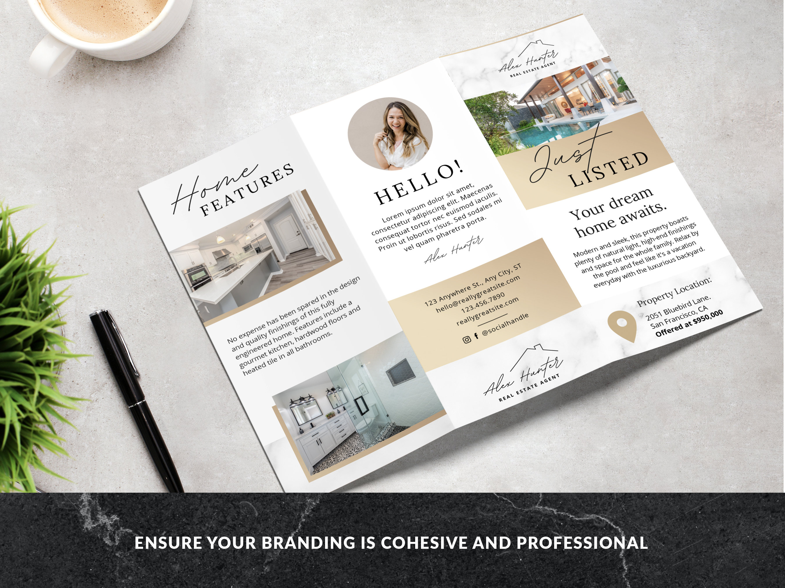 Luxury Gold Real Estate Agent Tri-fold Listing Property Details ...
