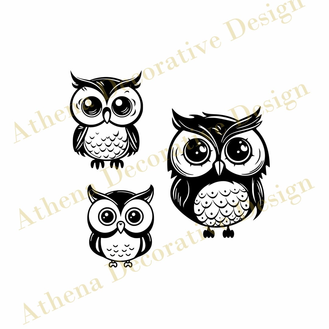 3 Different Owl Clipart Digital Drawings, SVG File, Bird Vector Drawing ...