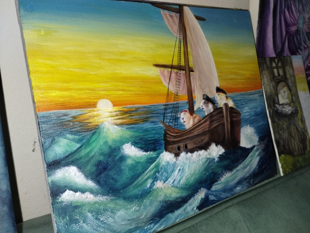 Guinea Pigs Ahoy, Original 5x7 Acrylic, Pirate Ship, Sunset Painting on ...