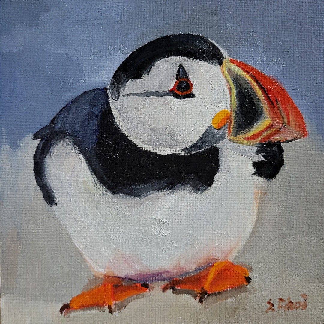 Puffin, Original Bird Oil Painting on Paper, 5x5 Inch, Unframed - Etsy