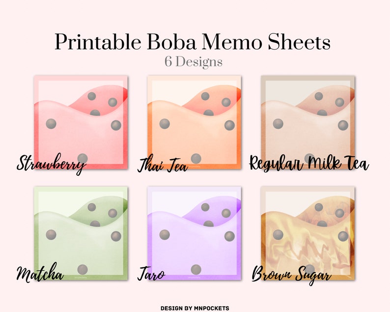 Printable Boba Milk Tea Note Memo Sheets Back to School Gift Cute ...