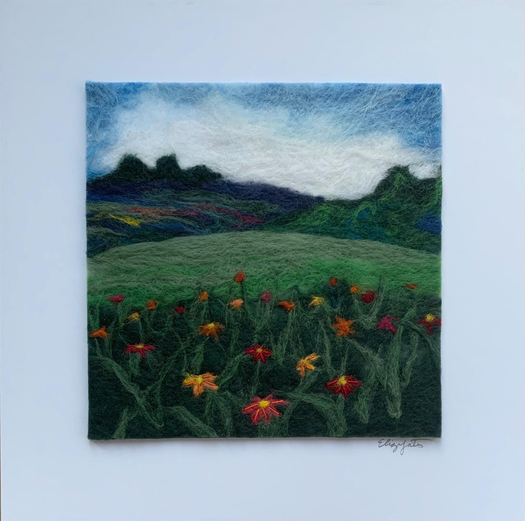 Flower Landscape, 8” Felted Wool Mounted in 13” Frame, Original Needle ...