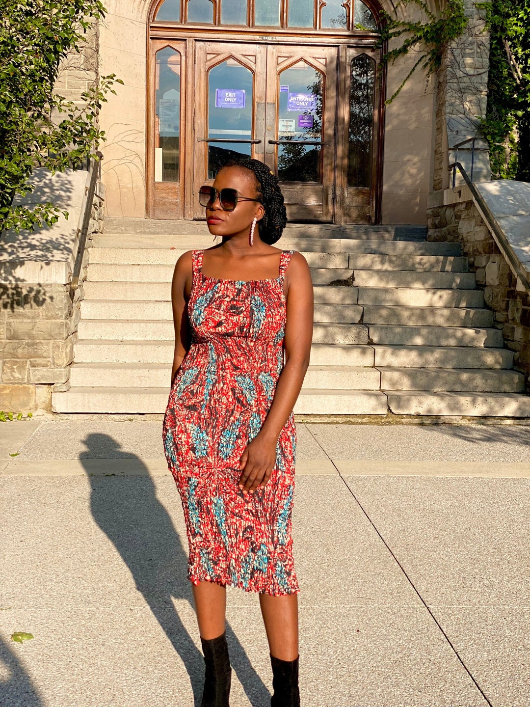 African Print Shirred Dress / Smoked Midi Gown / Ankara Summer Dress ...