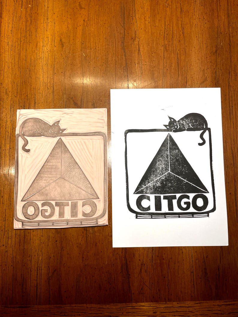 Black Cat on Citgo Sign Handmade Linocut Block Print | 5x7 Mini ...