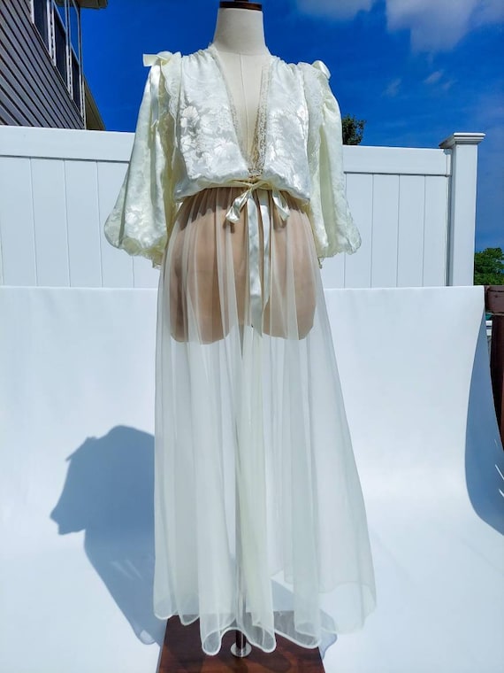 Sheer Frilly Peignoir Floral, Beige Satin and Sheer … - Gem