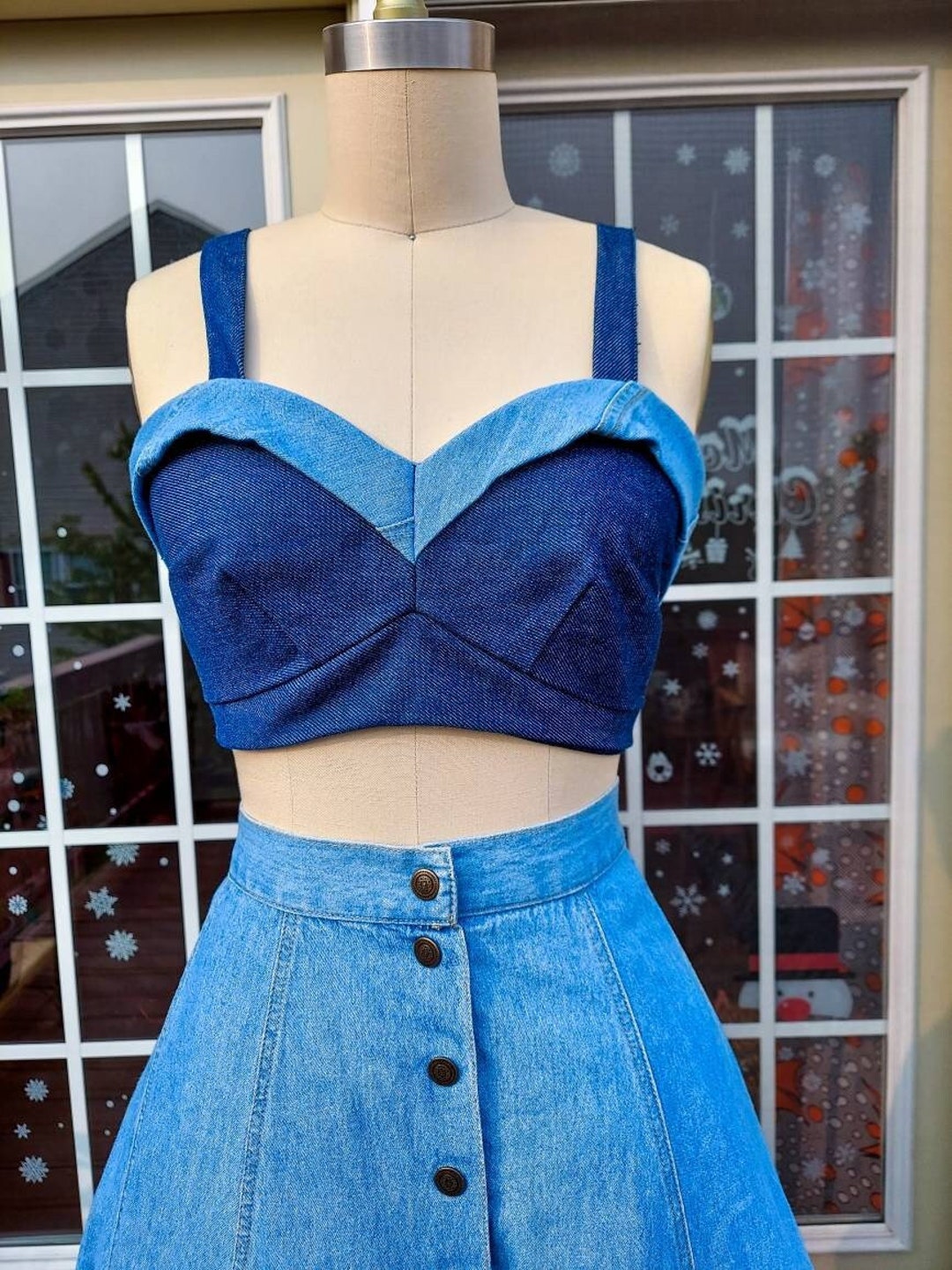 DENIM BUSTIER Vintage Style Bra Top Set. Denim Bralette and Skirt ...