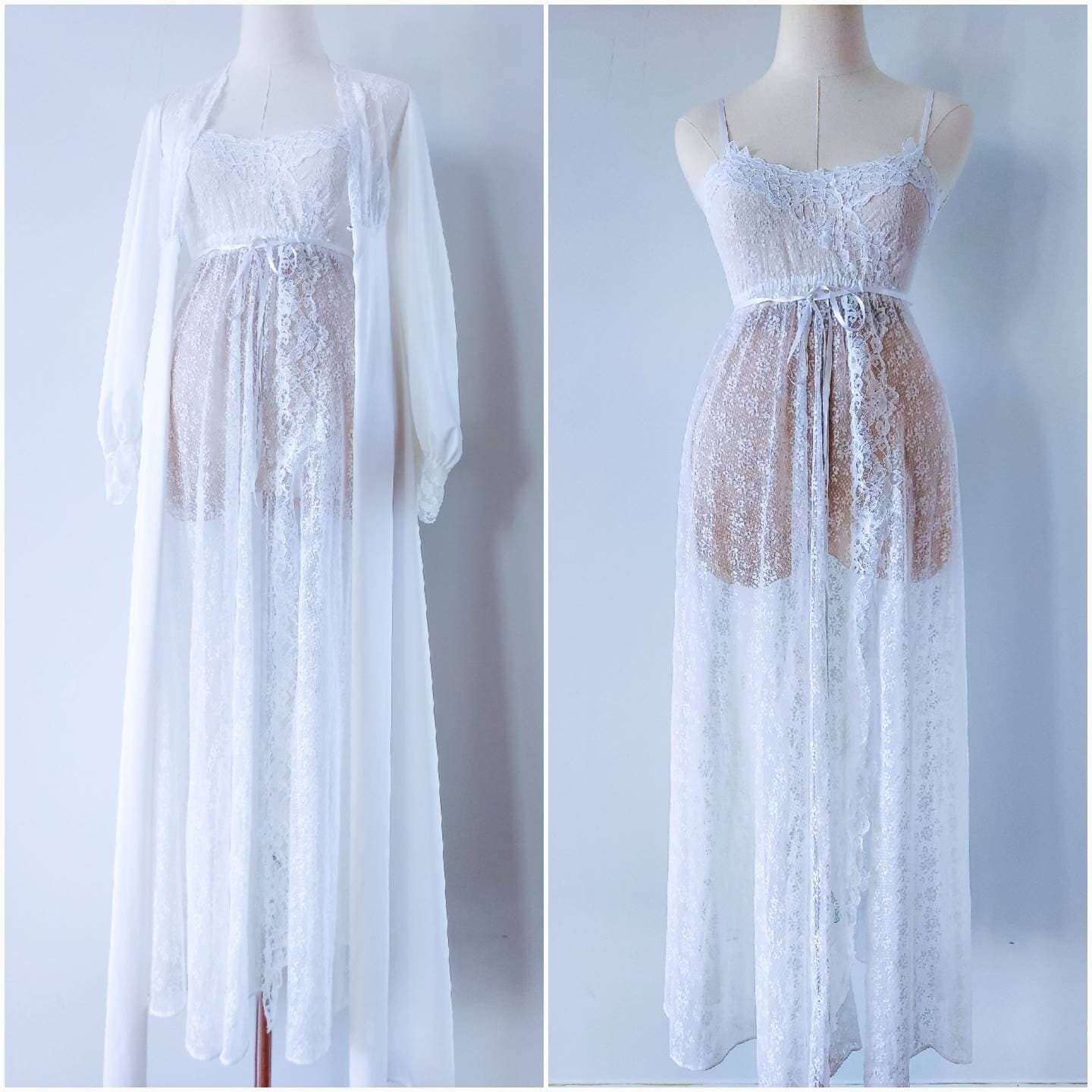 White Sheer Floral Lace Peignoir Set . Vintage Glydon Sheer Wedding ...