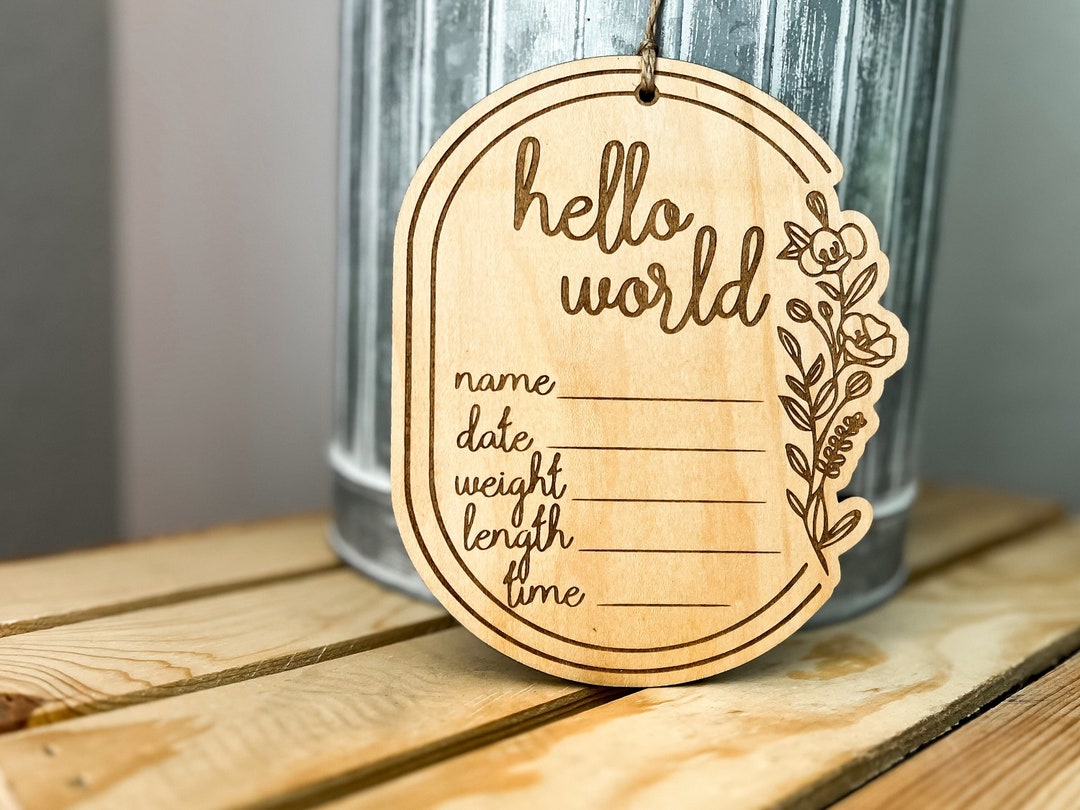 Engraved Hello World Baby Announcement | Floral Nursery Decor - Etsy