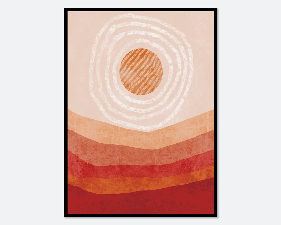 Terracotta Red Sunset Mountain Wall Art Print | Mid Century Modern Sun ...