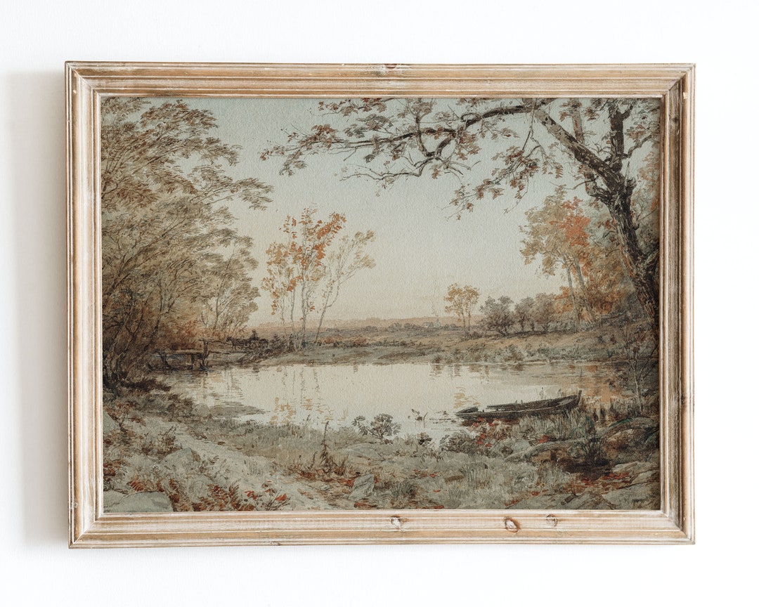 Rustic Vintage Art Print, Vintage Oil Painting, Neutral Autumn Pond ...