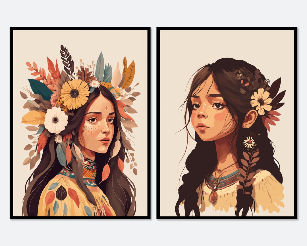 Set of 2 Boho Indian Tribal Girl Portrait With Feathers Flowers Poncho ...