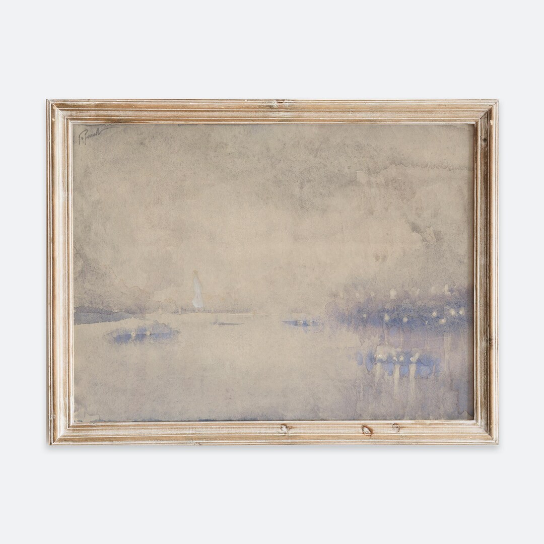 Vintage Rustic Morning Sunrise Harbour Muted Watercolor Painting Wall ...